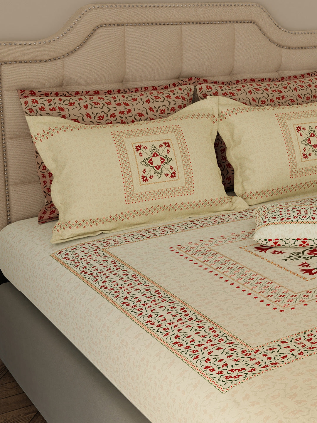 100% Cotton King Bedsheet Set, 400 TC Beige & Red Ethnic Print, Royal ...
