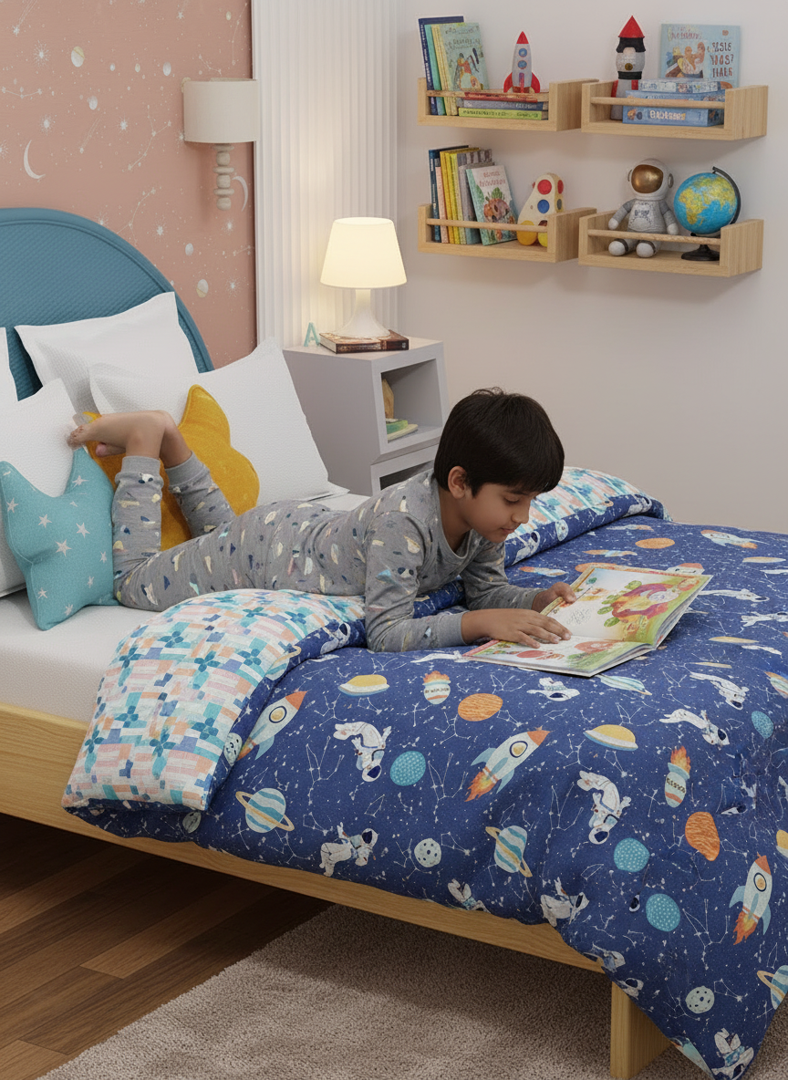 100% Cotton Dark Blue Reversible Double Comforter For Kids, 200 TC Spa ...